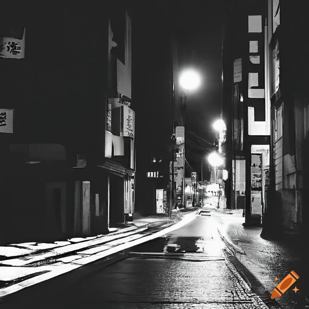 Noir street at night in the style of ikko tanaka on Craiyon
