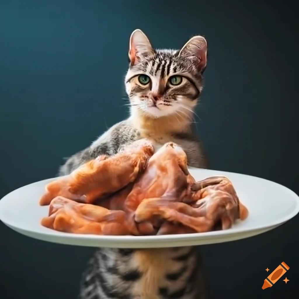 Cat holding a plate of chicken wings on Craiyon