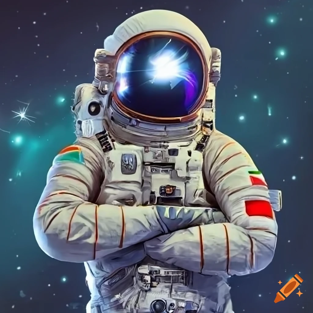 Illustration of an astronaut with arms crossed in outer space on Craiyon