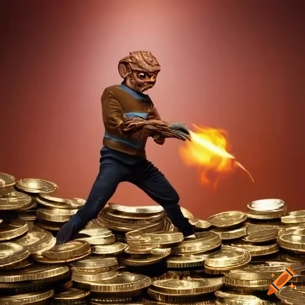 Ferengi from Star Trek with wings flying over a pile of gold coins and ...