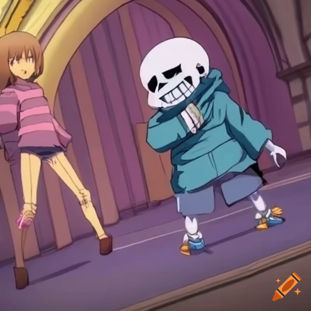 Sans fighting frisk in golden judgement hall in anime style on Craiyon