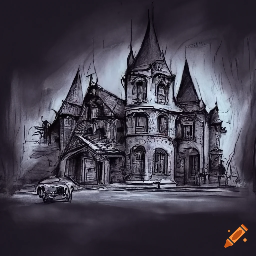 Ink drawing of a car in front of a scary manor at night on Craiyon