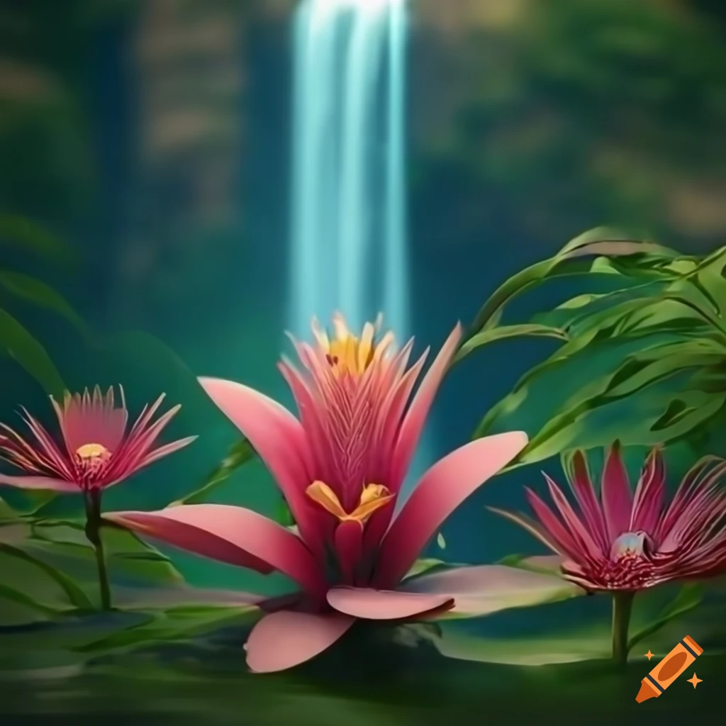 Exotic flower with waterfalls in the background on Craiyon