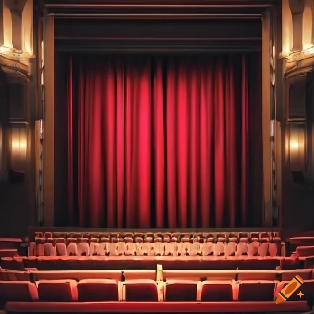 Modern theatre stage with open curtains, seats, and theatre lights on ...