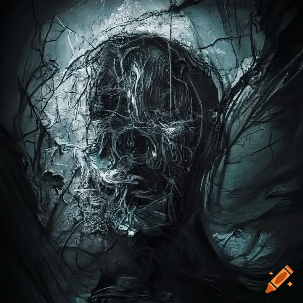 Intricate dark abstract oil painting visualizing tinnitus and confusion ...