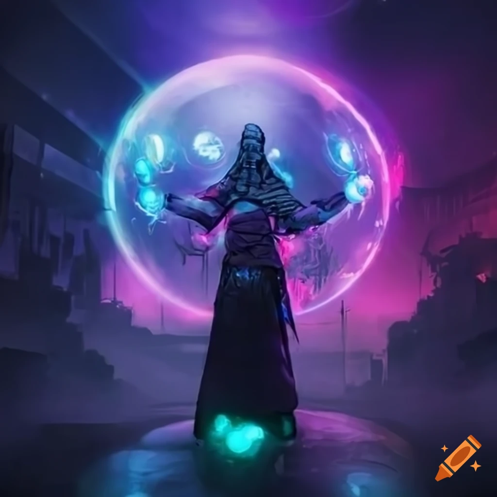 Cyberpunk sci-fi sorcerer surrounded by glowing spheres on Craiyon