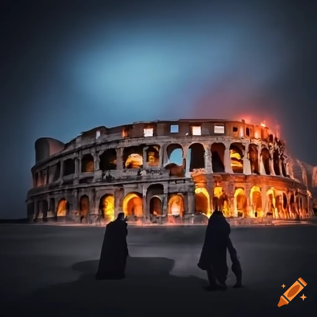 Night view of burning colosseum with five figures observing on Craiyon