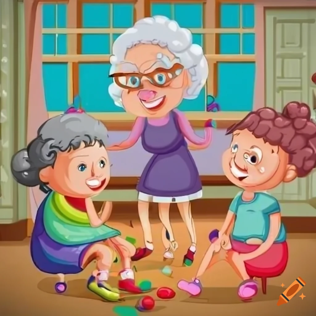Cartoon scene of grandma playing with a child on Craiyon