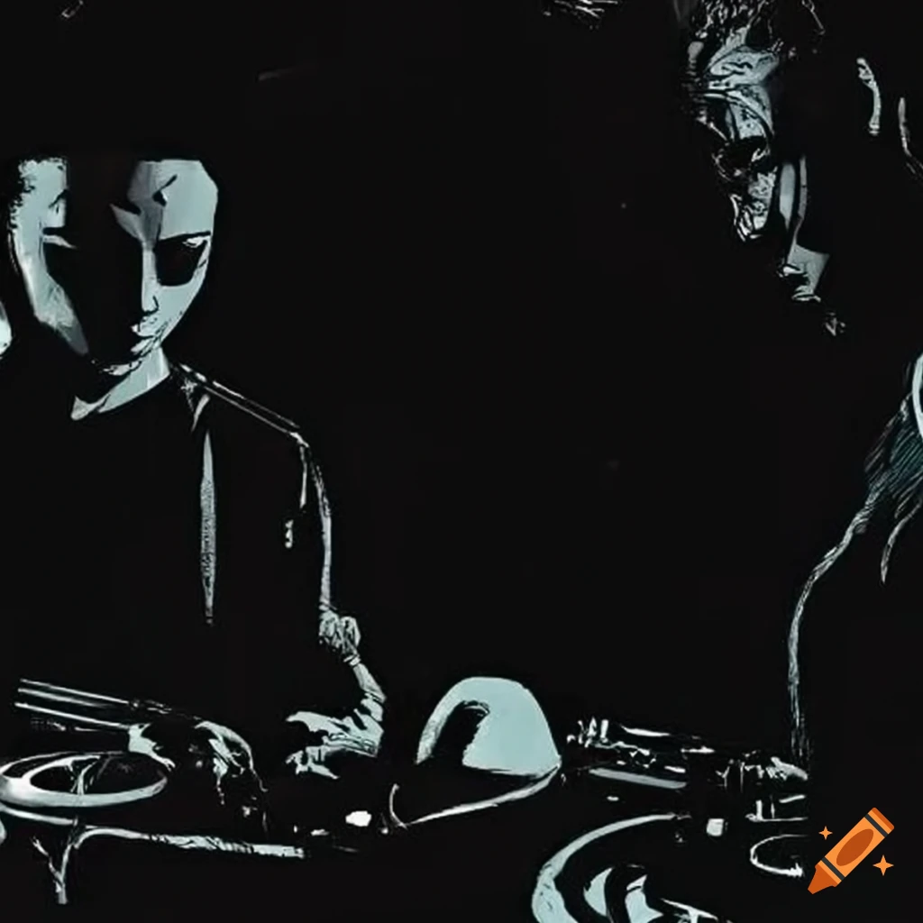 Comic noir depiction of a techno dj on Craiyon