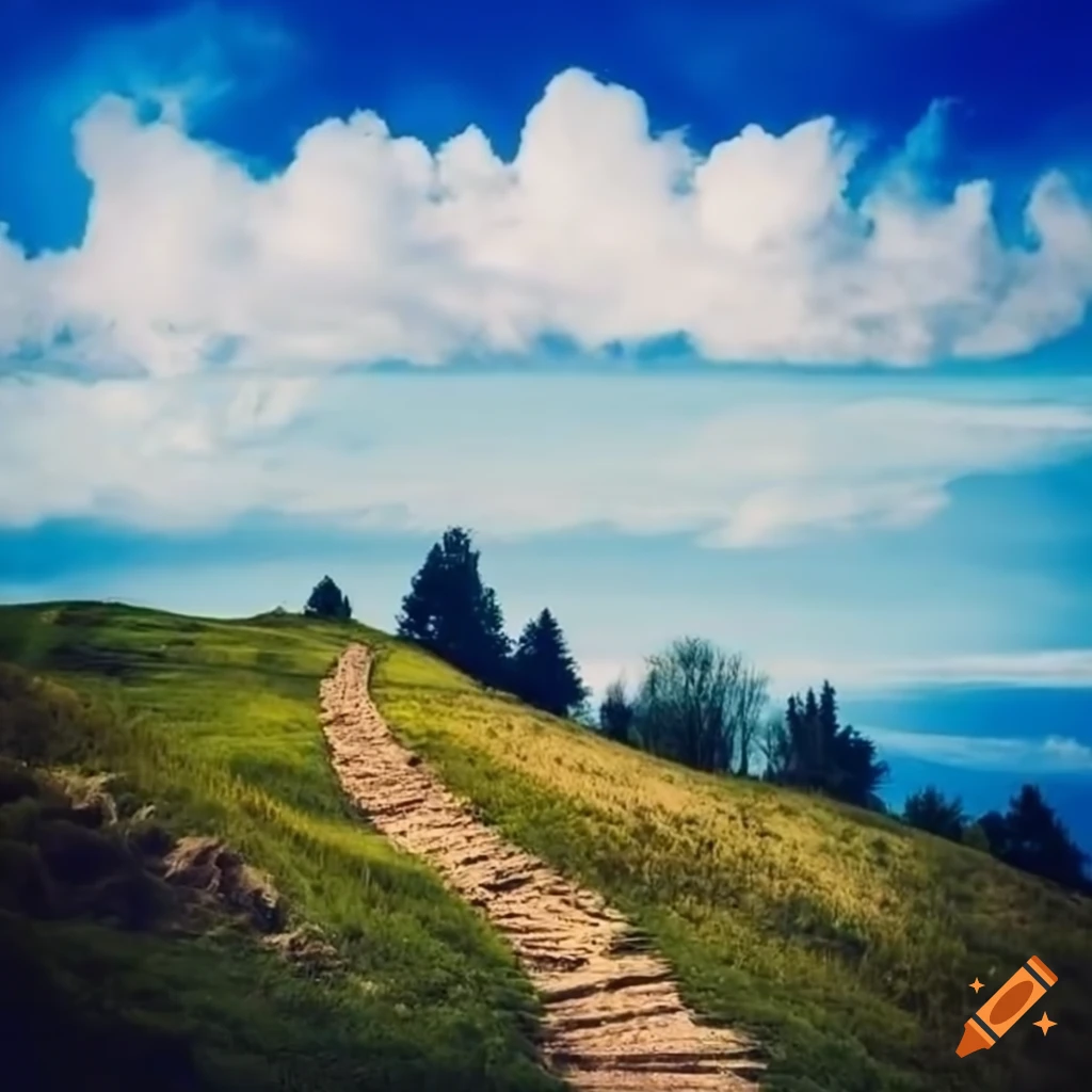 Stone path along a hill under a blue sky with white clouds on Craiyon