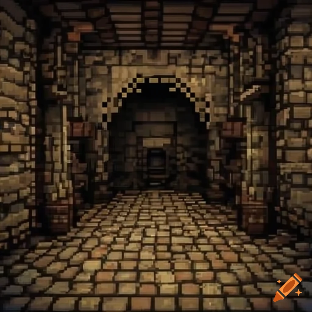 Pixel art of a dungeon room with traps and skeletons on Craiyon