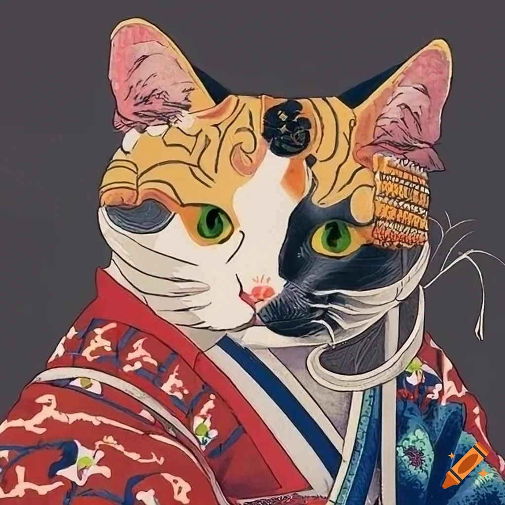 Calico cat in kimono with Japanese style art and flower patterns on Craiyon