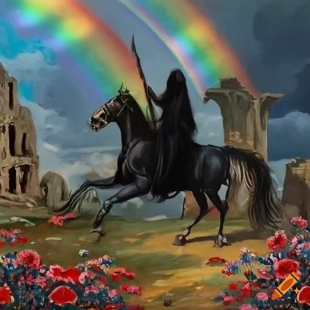 Grim Reaper riding on horseback in a post-apocalypse setting with a ...