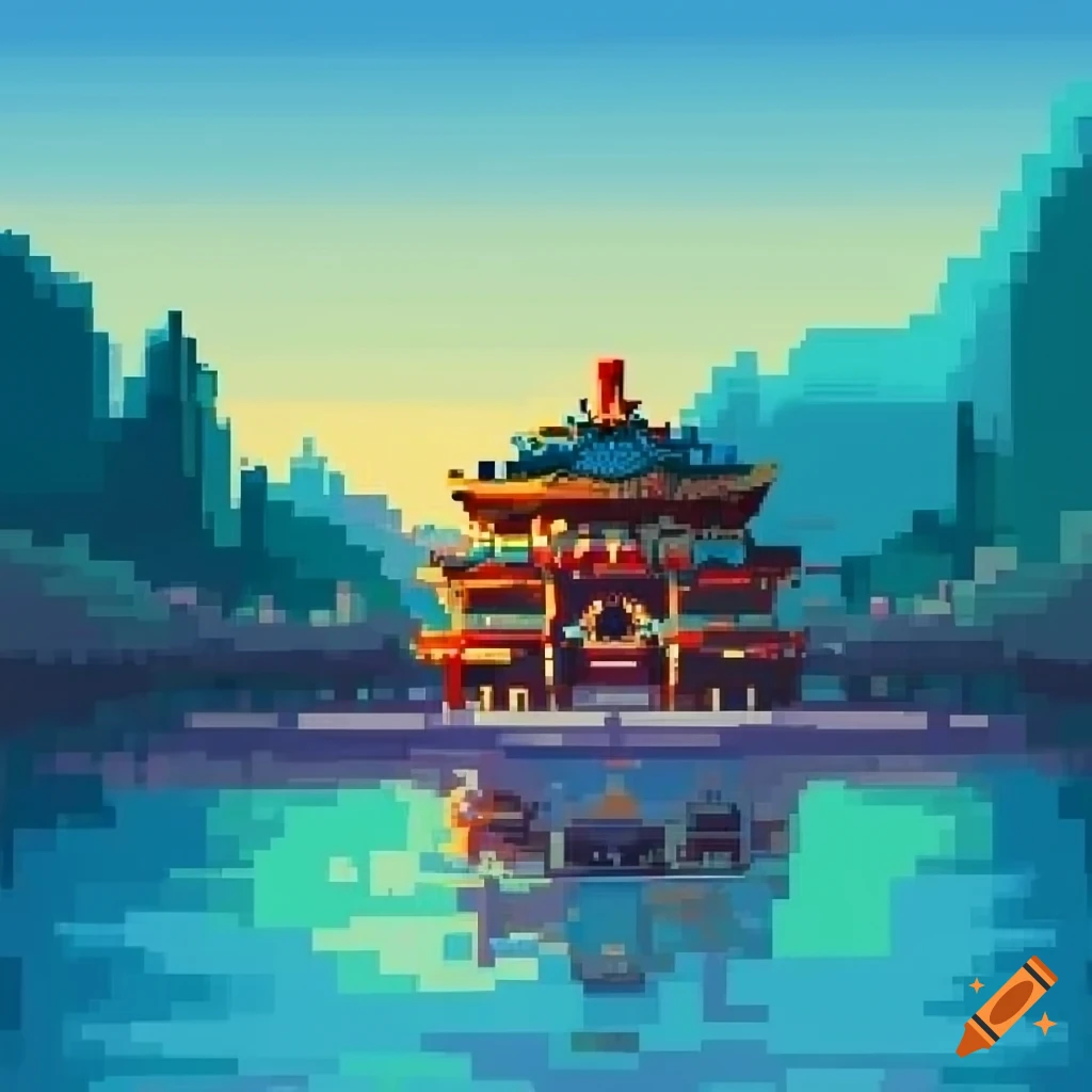 Chinese temple by the river in pixel art on Craiyon