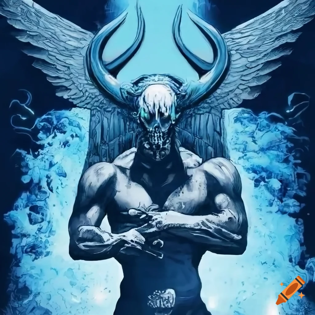 Black and white neon blue horned angel apostle with a male face in ...
