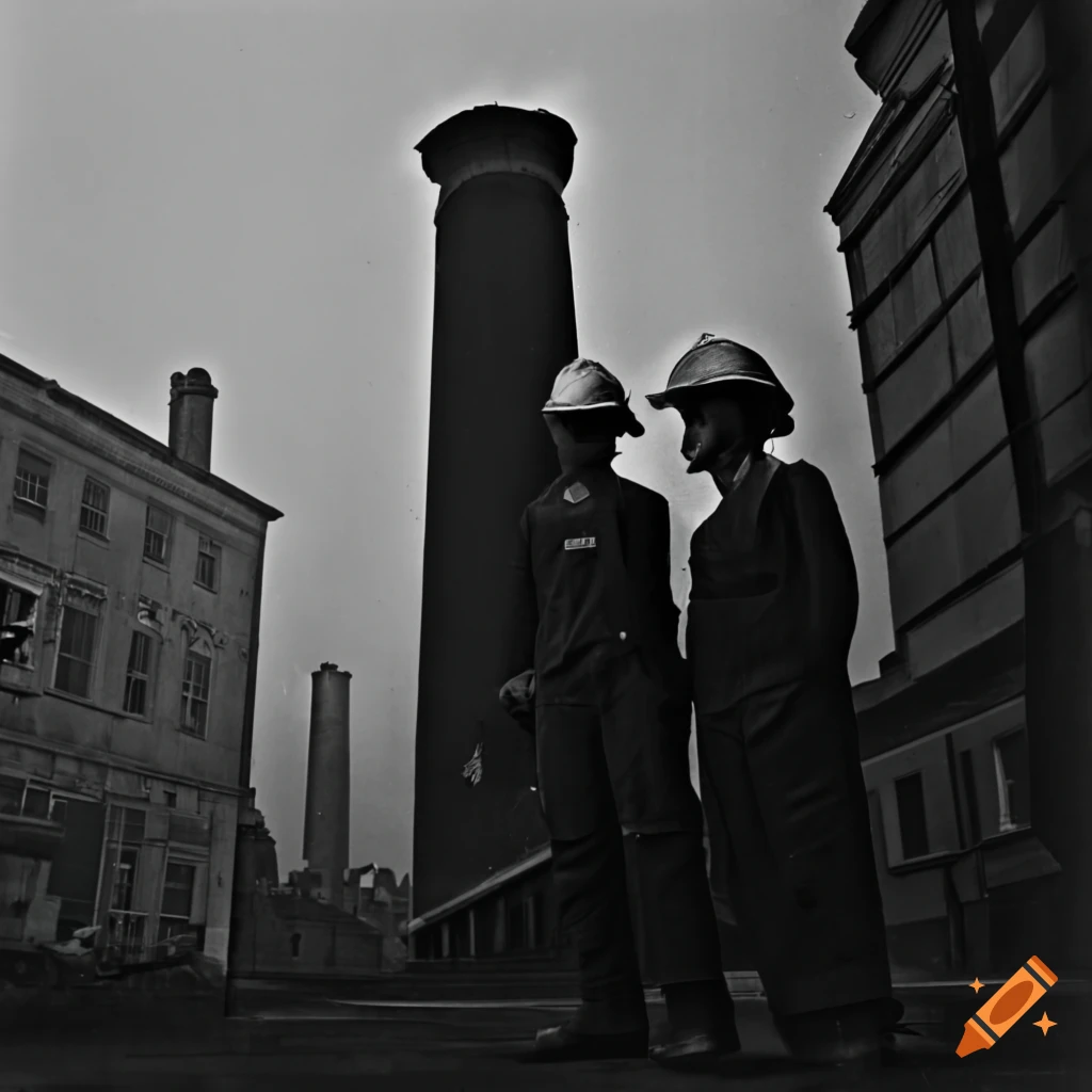 Workmen in overalls and helmets outside a building with coal chimneys ...