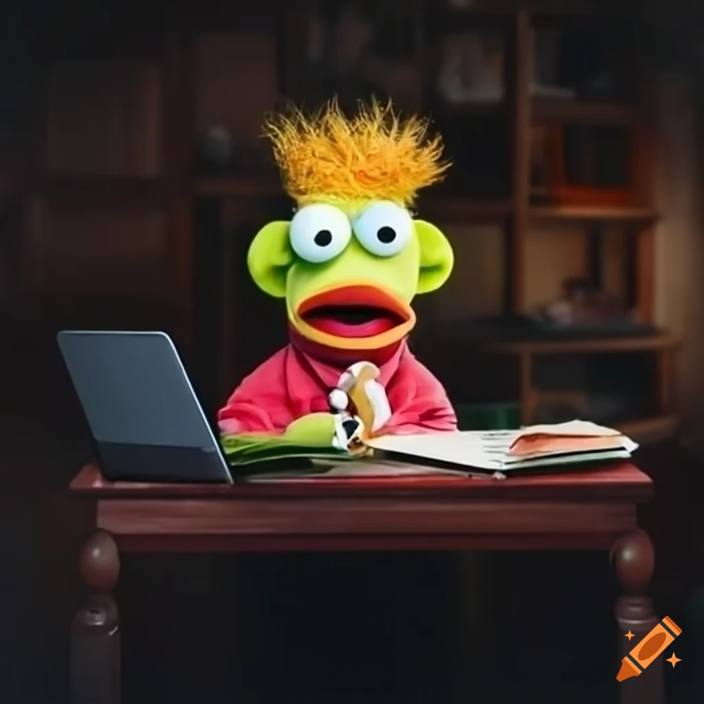 Beaker from the muppets studying with laptop and headphones on Craiyon
