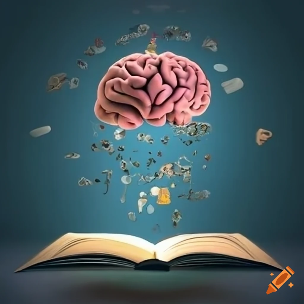 Brain with knowledge floating above an open book on Craiyon