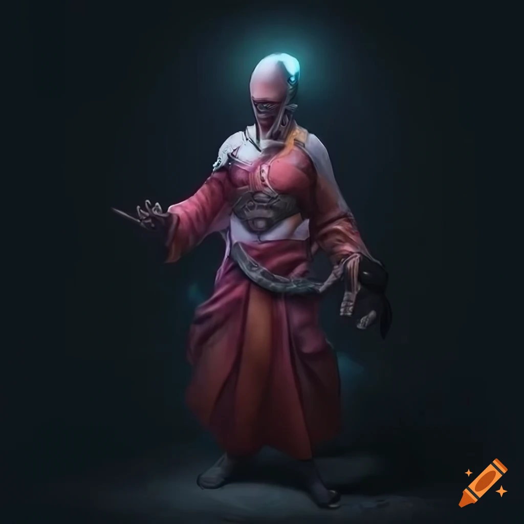 Cyberpunk sci-fi monk with glowing eyes and nimbus light on Craiyon