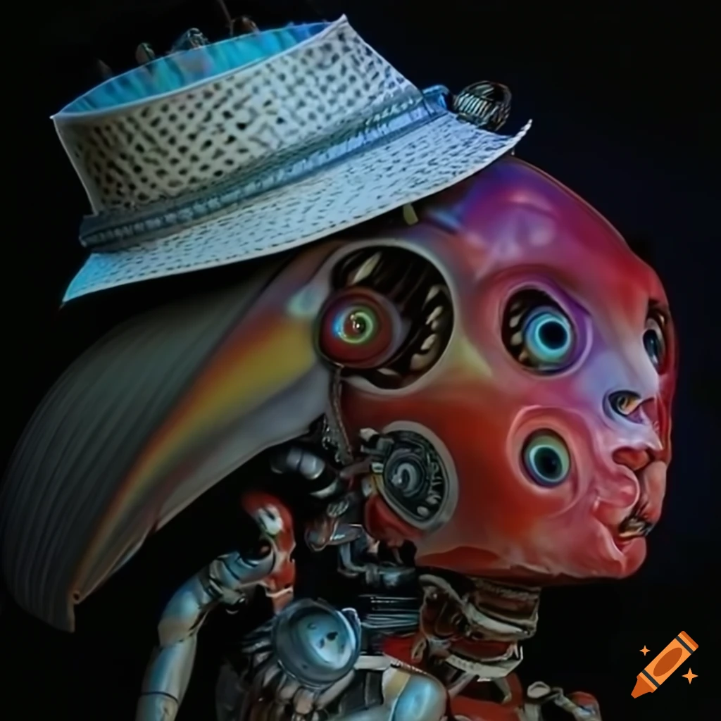 One-eyed robot wearing a stylish hat in hyperrealistic artwork on Craiyon
