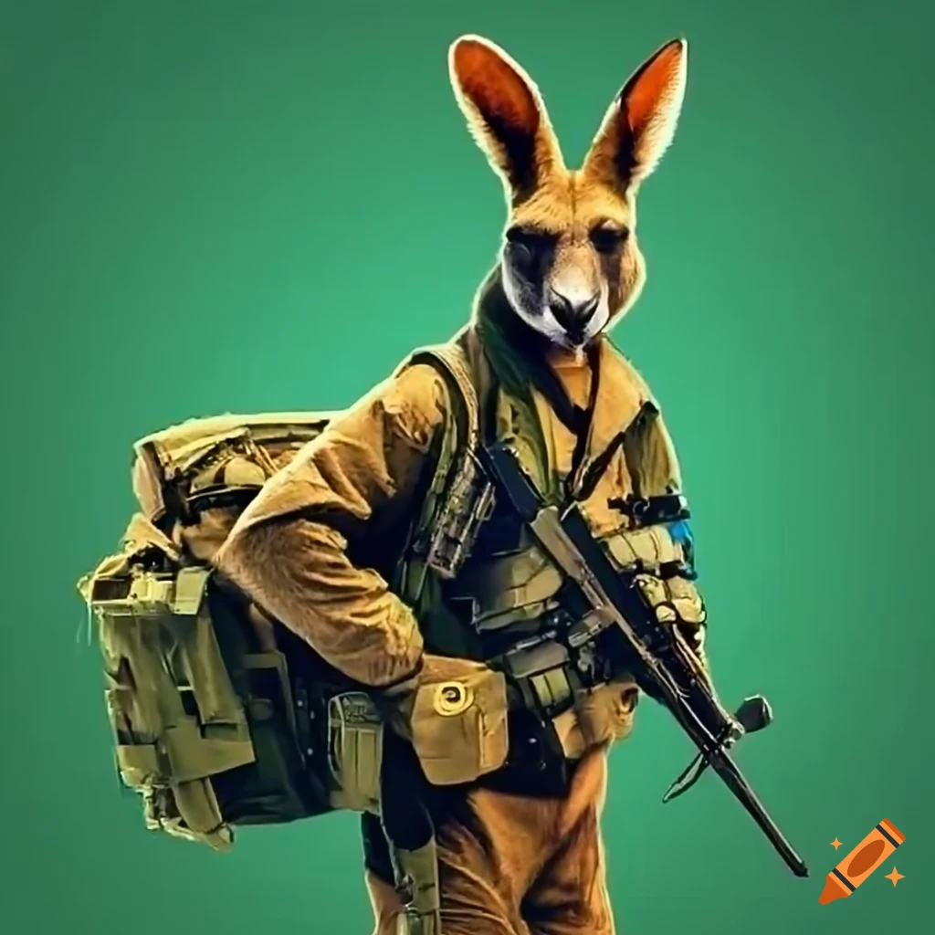 Kangaroo in military gear with a grizzled expression on Craiyon