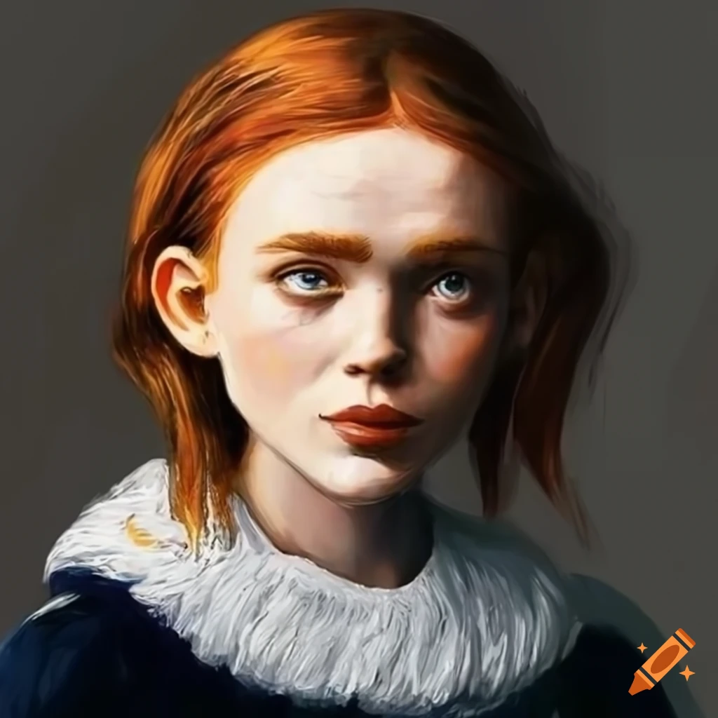 Portrait of Sadie Sink with pixie haircut and heavy eyeliner, painted ...