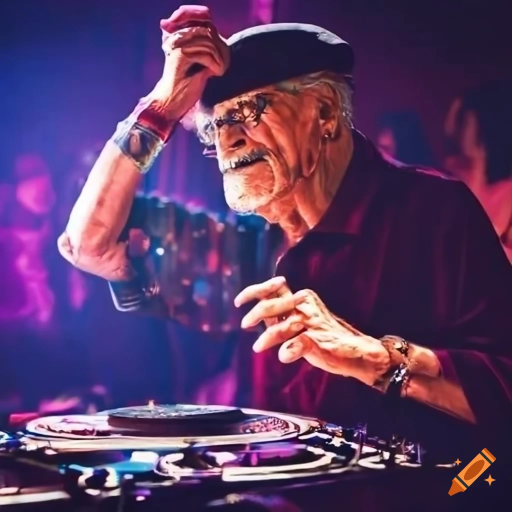 Elderly dj performing at a lively nightclub on Craiyon