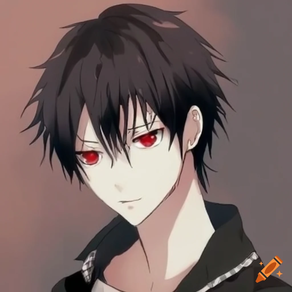 Cute anime boy with red eyes and black hair on Craiyon