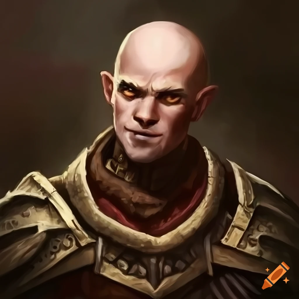 Bald male warrior with a confident smile in a fantasy setting on Craiyon