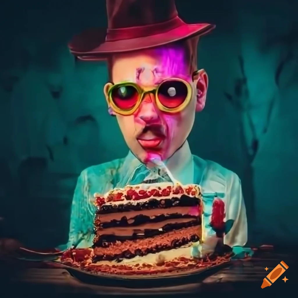 Private detective with cake head searching for footsteps in cyber-punk ...