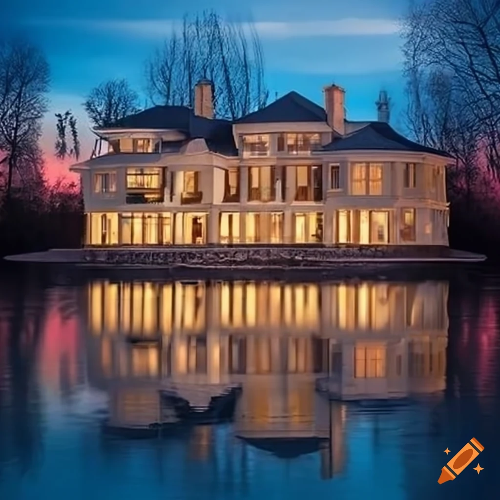 Large realistic mansion on a lake on Craiyon