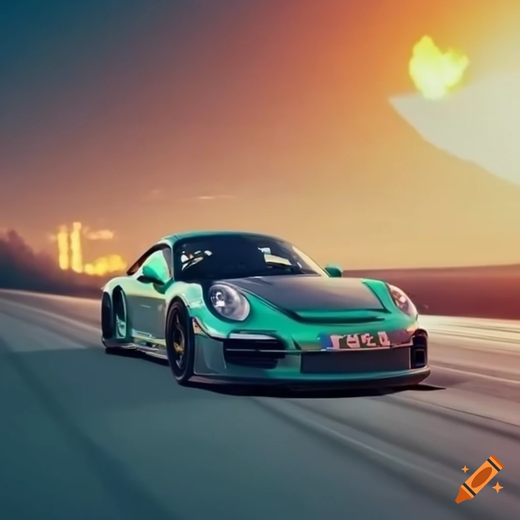 Porsche gt3 rs on the road with sunset in the background on Craiyon