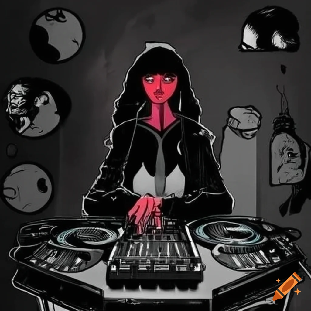 Comic noir depiction of a techno dj on Craiyon