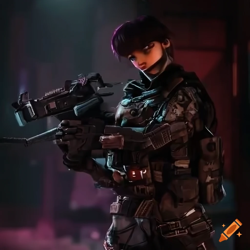 Female soldier leading a cybernetically enhanced task force in urban ...