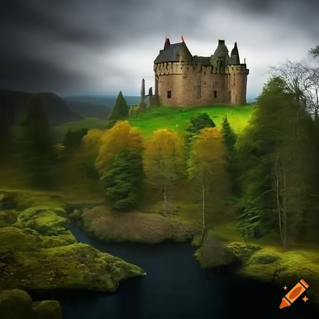 Fantasy scottish castle in a forest setting on Craiyon