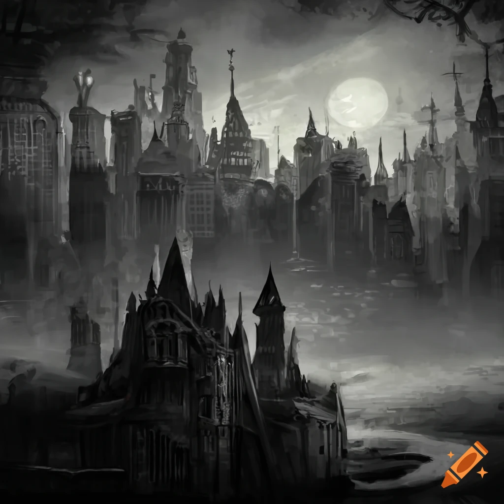 Victorian fantasy city during a cloudy evening with bustling citizens ...