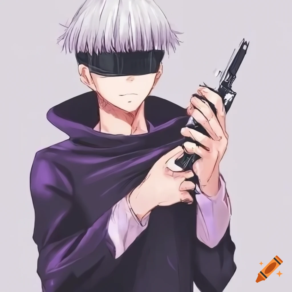 Saturo gojo with baseball hat holding a detailed pistol on Craiyon