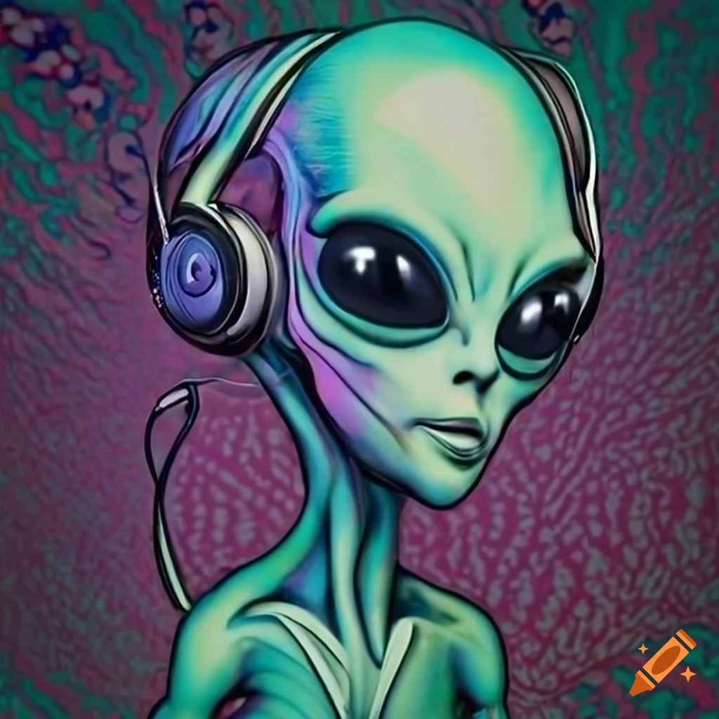 Alien with headphones and unique eyes on Craiyon