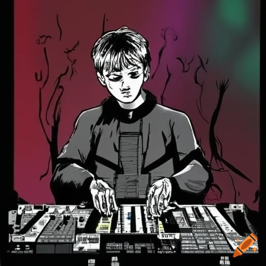 Comic noir depiction of a techno dj on Craiyon