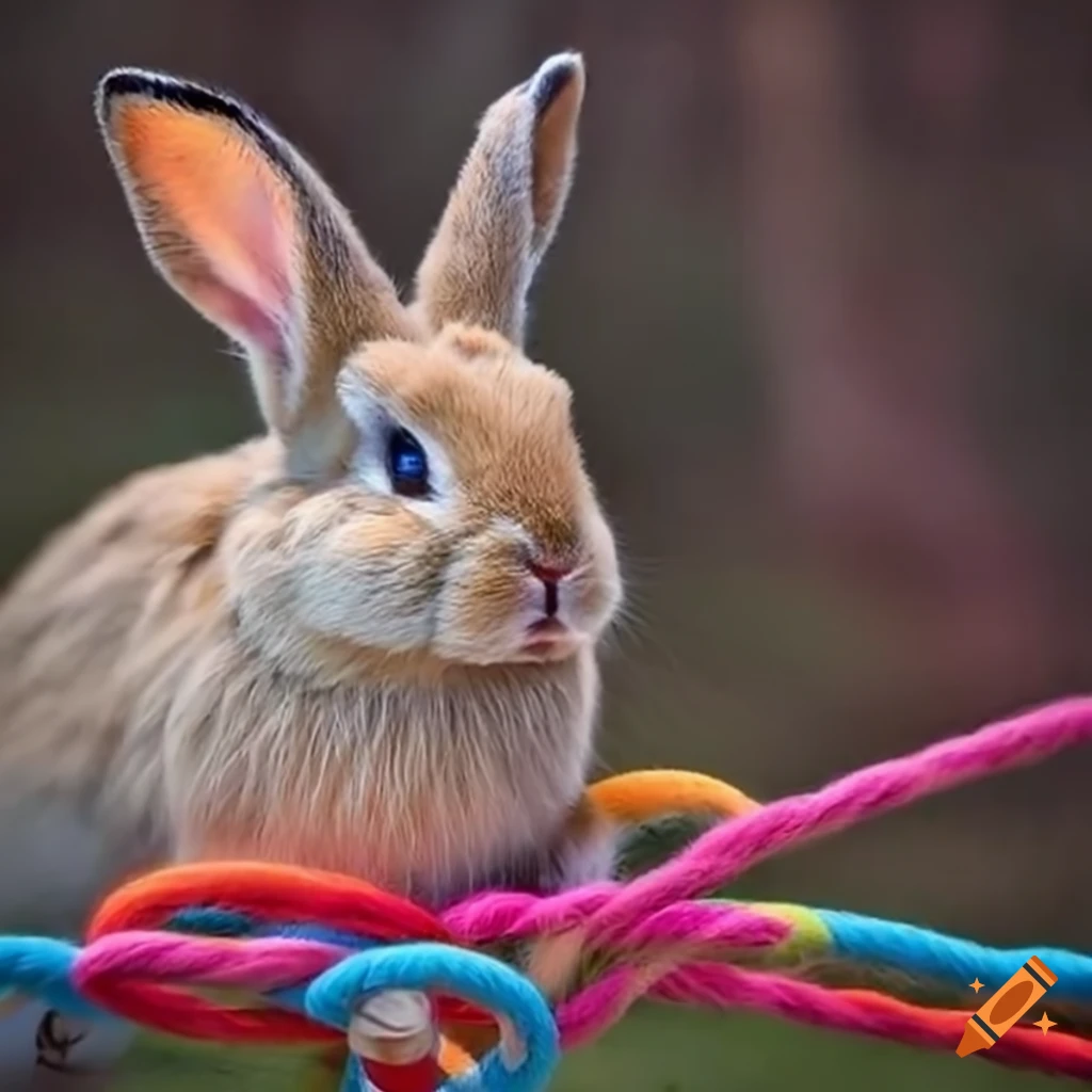 Fluffy bunny playing with colorful ropes on Craiyon