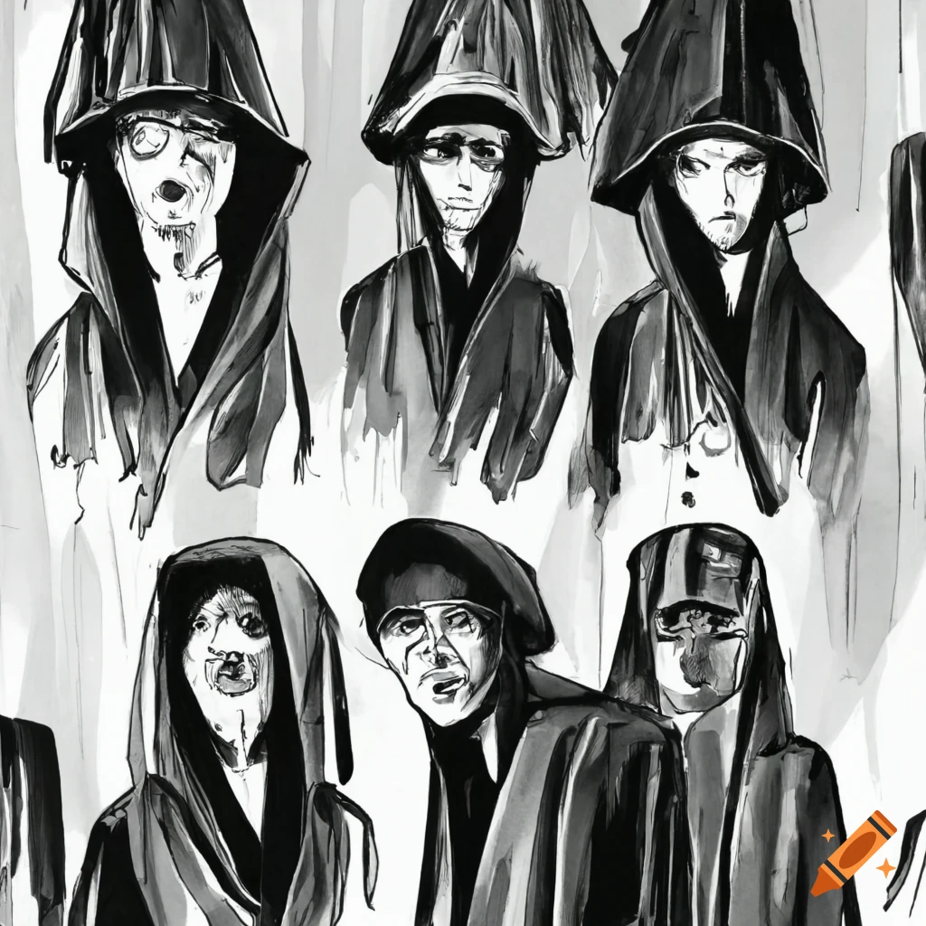 Group of men in black robes in a black and white ink drawing on Craiyon
