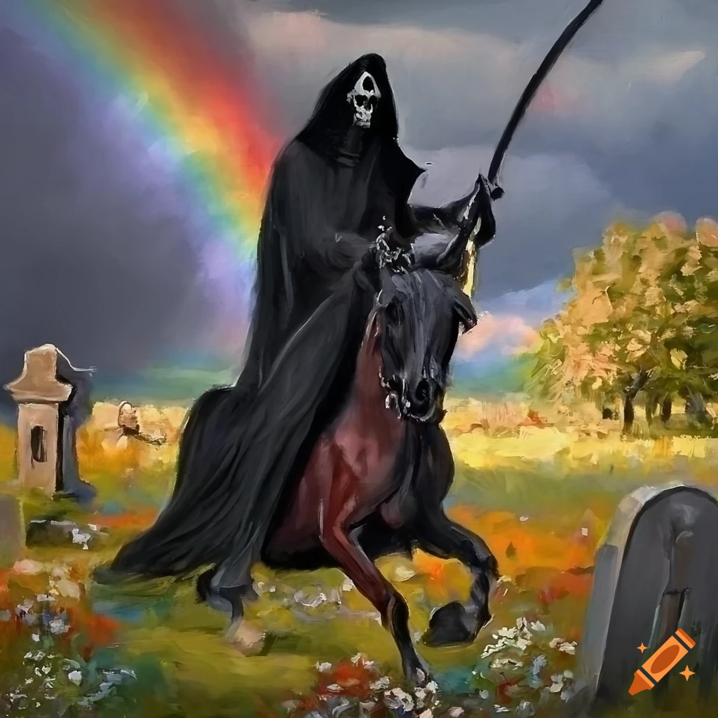 Grim Reaper riding on horseback in a stormy graveyard with vibrant ...