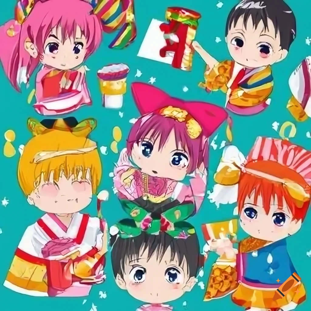 Festive anime characters in traditional clothes celebrating with food ...