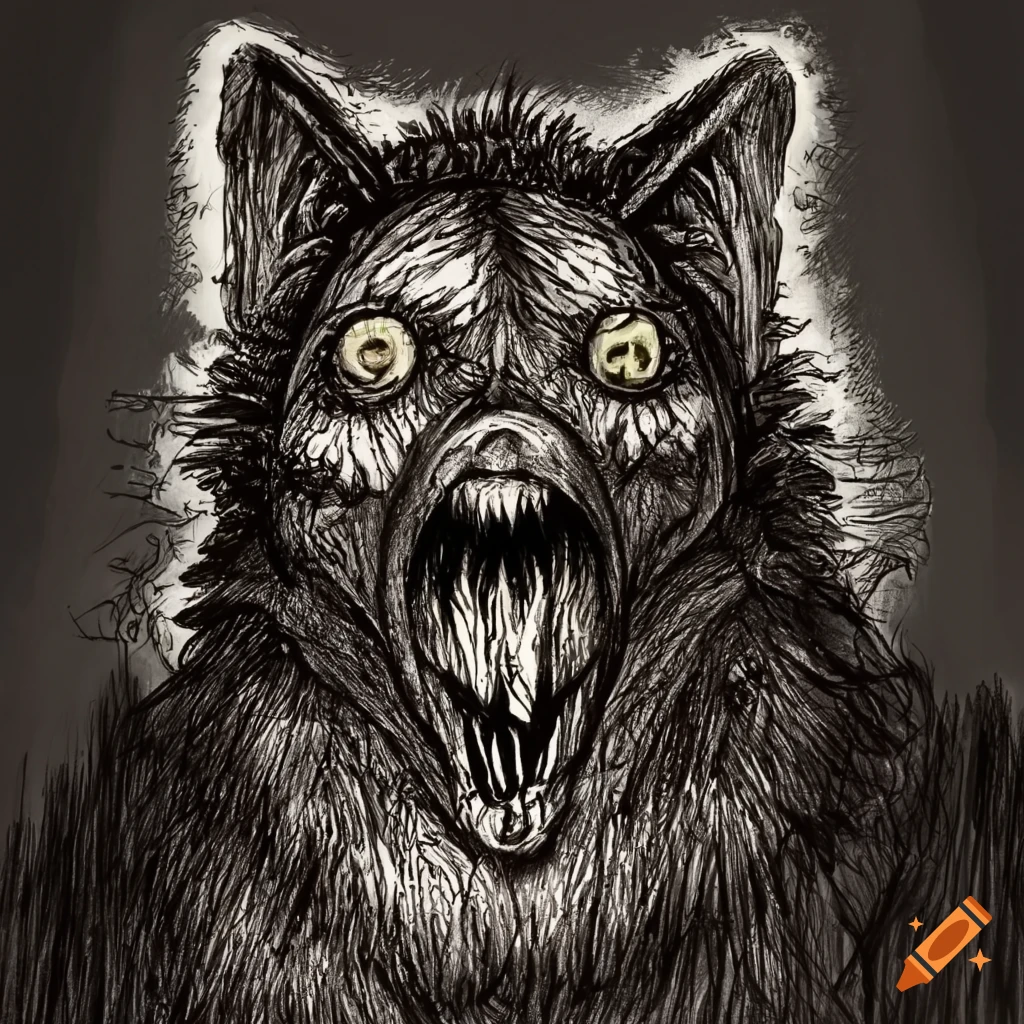 Ink drawing of a scary werewolf in a manor on Craiyon