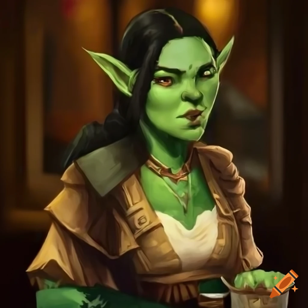 Happy half-orc half-dwarf barmaid serving drinks in a bar on Craiyon