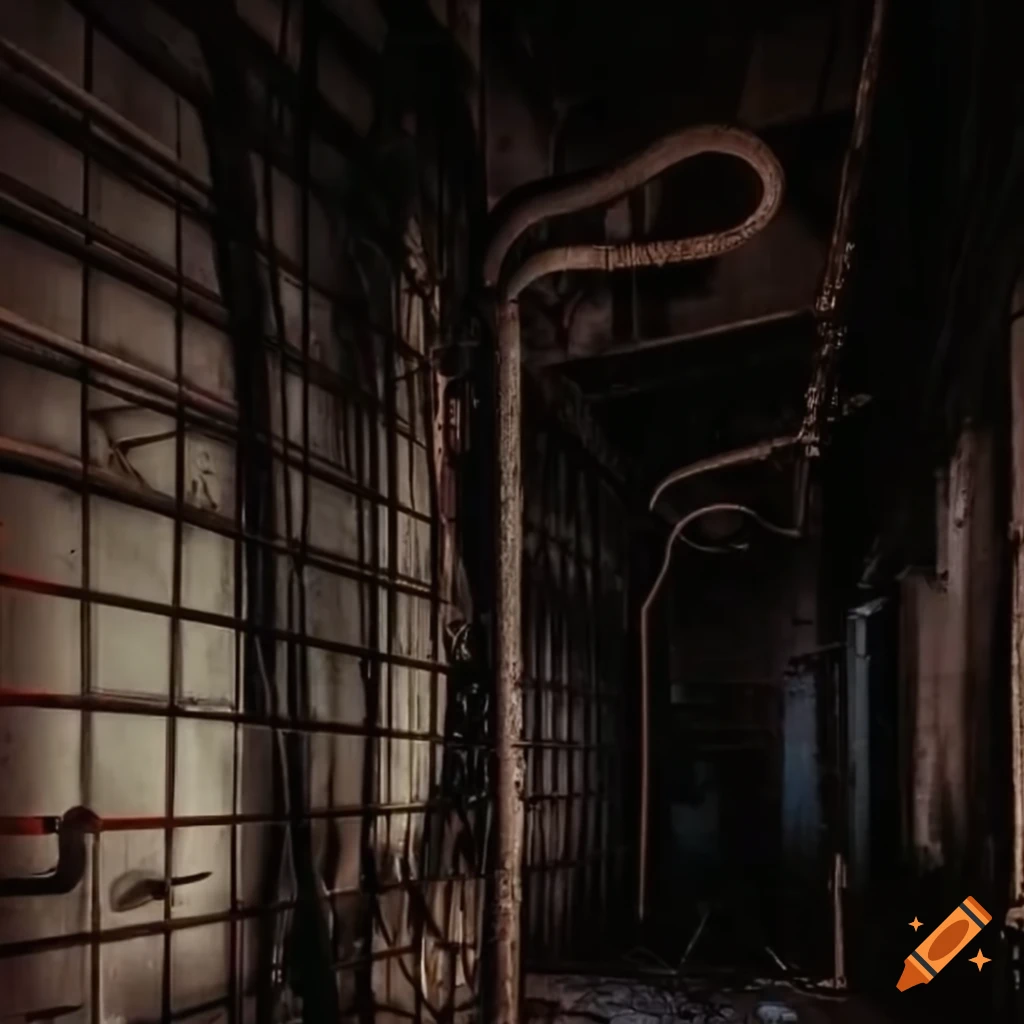Industrial metal room with pipes and cables in dim lighting on Craiyon