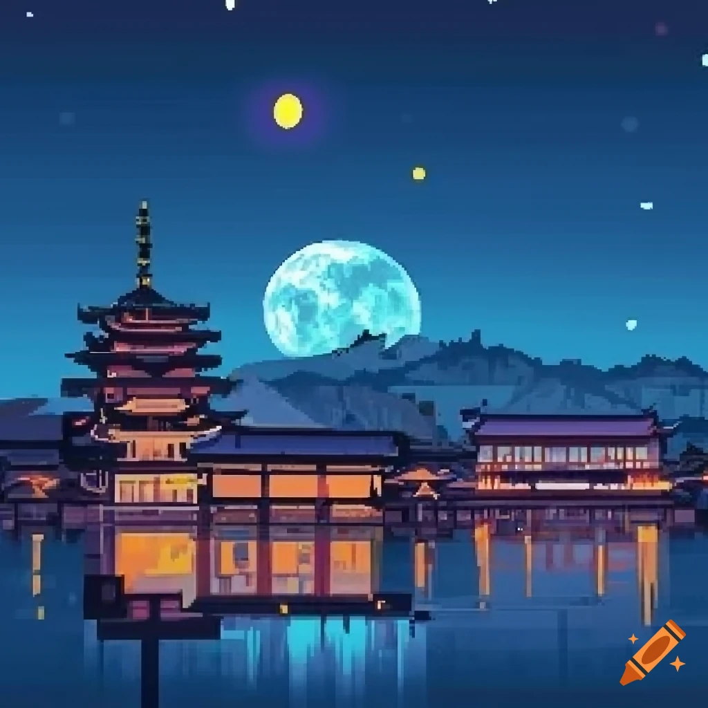 Pixel art of Japan cityscape at night with river, monastery, and big ...