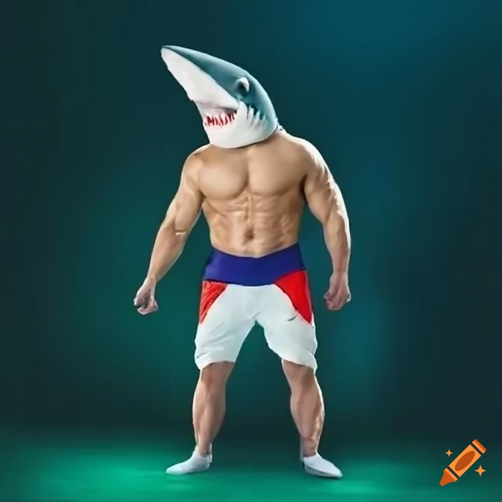 Strong man wearing a shark costume on Craiyon