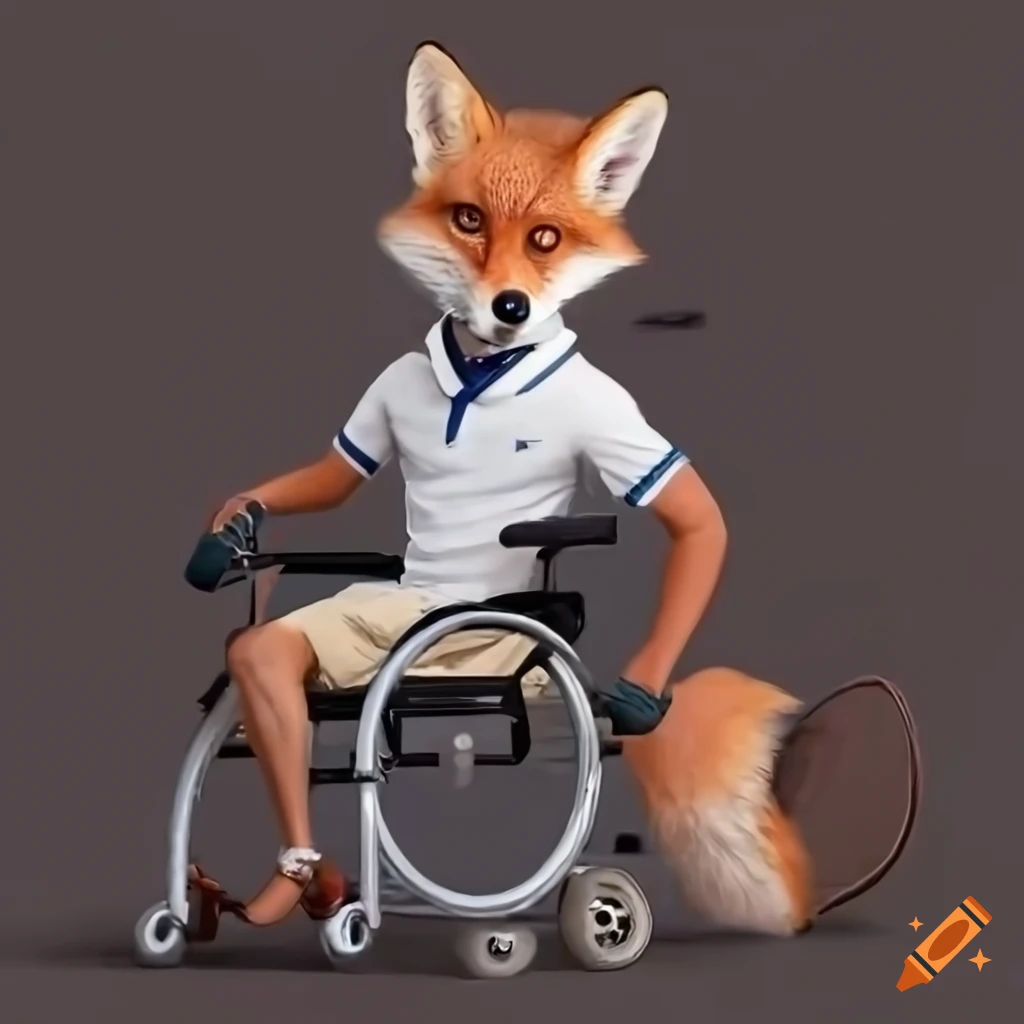 Anthropomorphic fox in wheelchair wearing white polo shirt and shorts ...