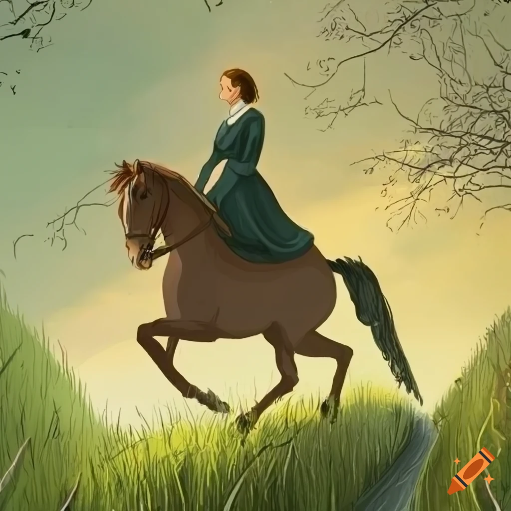 Illustration of jane eyre riding a horse on a grass path with a fallen ...